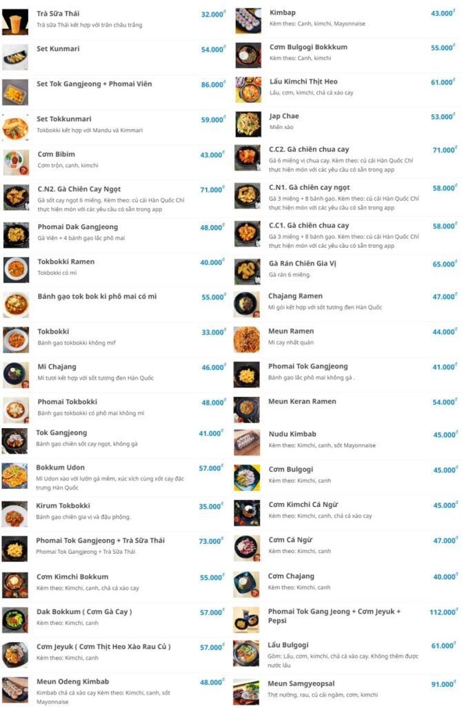 Menu Hanuri và giá - Cửa hàng Hanuri món Hàn Quốc đa dạng